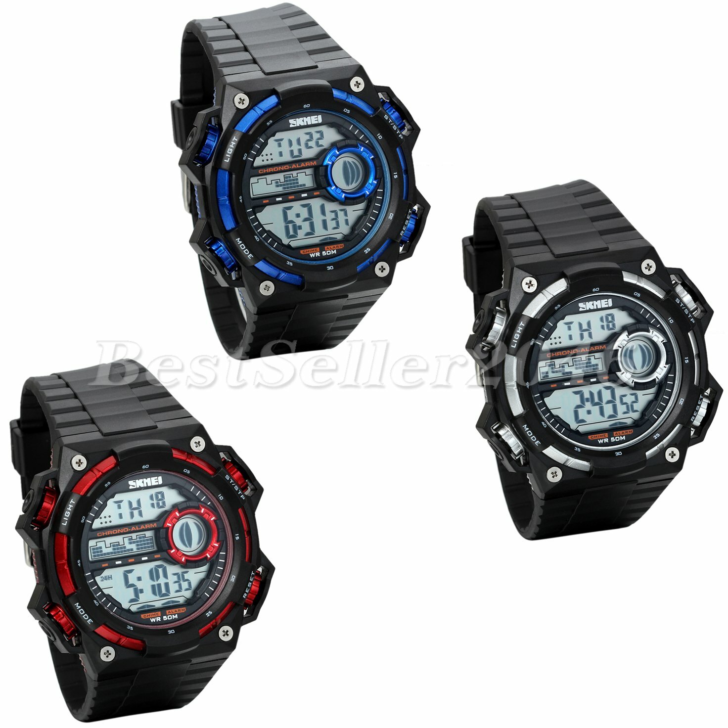 Fashion Sports Men Black Rubber Shock Resistant Electronic Wrist Watch ...