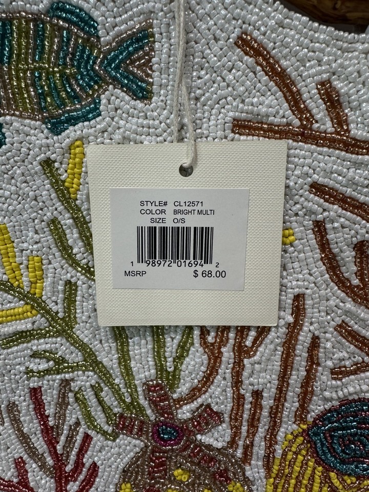 SOL and MER Beaded Sea Turtle & Reef Fish White Tote Bag with Bamboo ...