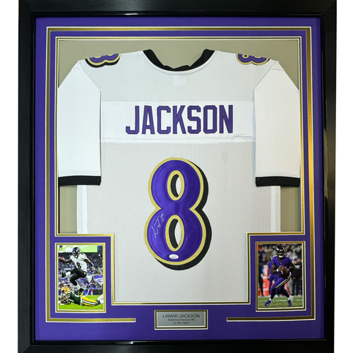 FRAMED Autographed/Signed LAMAR JACKSON 33x42 Baltimore White Jersey ...
