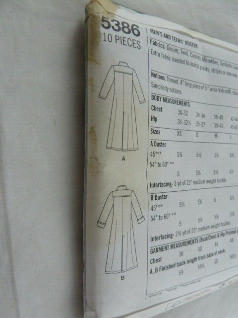 Simplicity 5386 Pattern Matrix Duster Coat Men's XS S M XL FF Cosplay ...