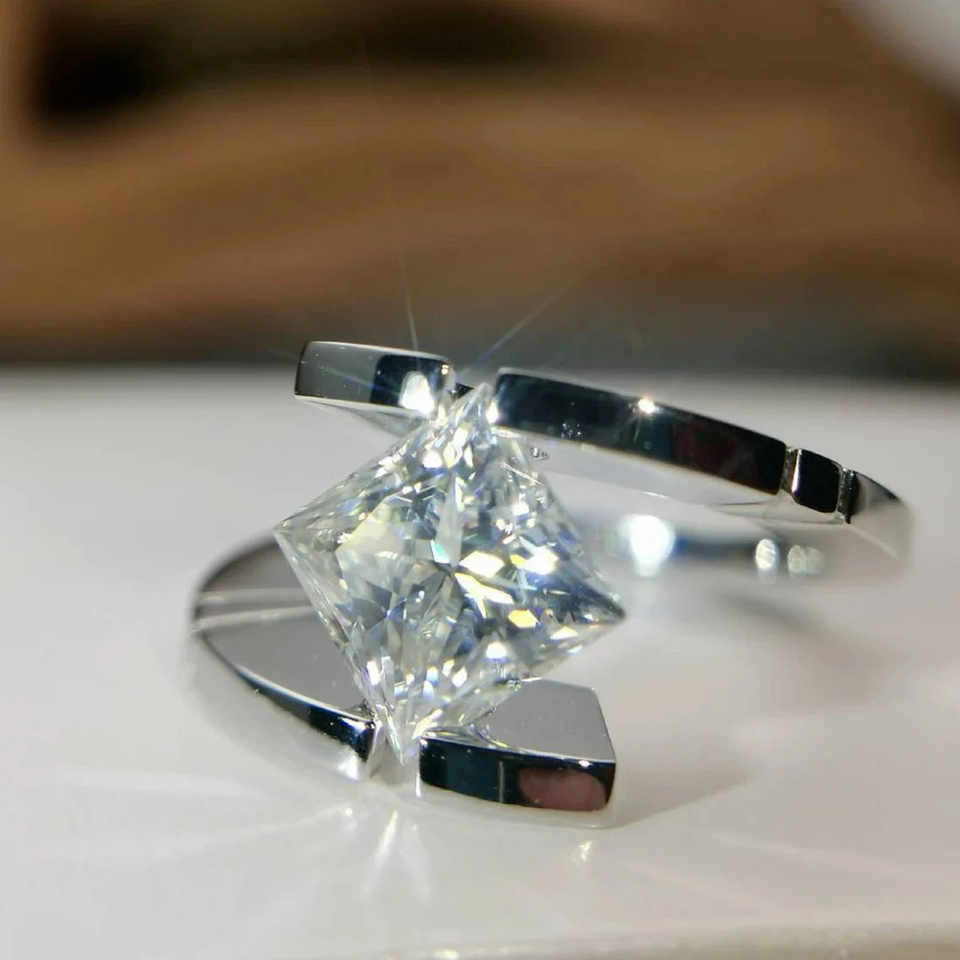 Tension Set Princess Cut Moissanite Ring Bypass Engagement Ring Antique ...