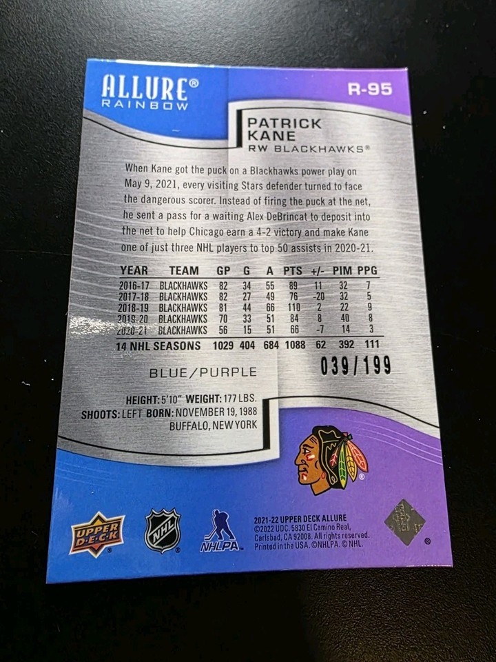 2021-22 Upper Deck Allure Patrick Kane Blue/Purple Rainbow /199 Blackhawks | eBay UK