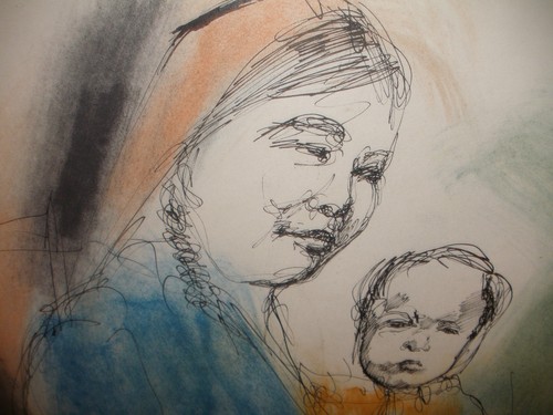 LISTED ARTIST DON BLOOM WATERCOLOR INK CHINESE ORIENTAL MOTHER CHILD ...