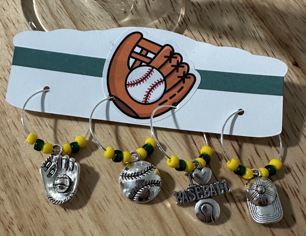 Baseball Wine Charms, Four Wine Charms, Green Yellow Baseball Wine ...