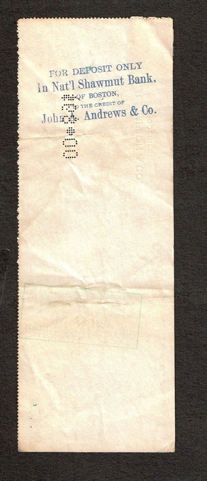1899 MERCHANTS NATL BANK CHECK Lawrence Mass w 2c Doc Stamp Sc#R164 ...
