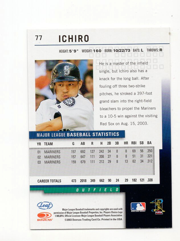 2004 Leaf 2nd Edition Ichiro Suzuki #77 Seattle Mariners Free Shipping | eBay