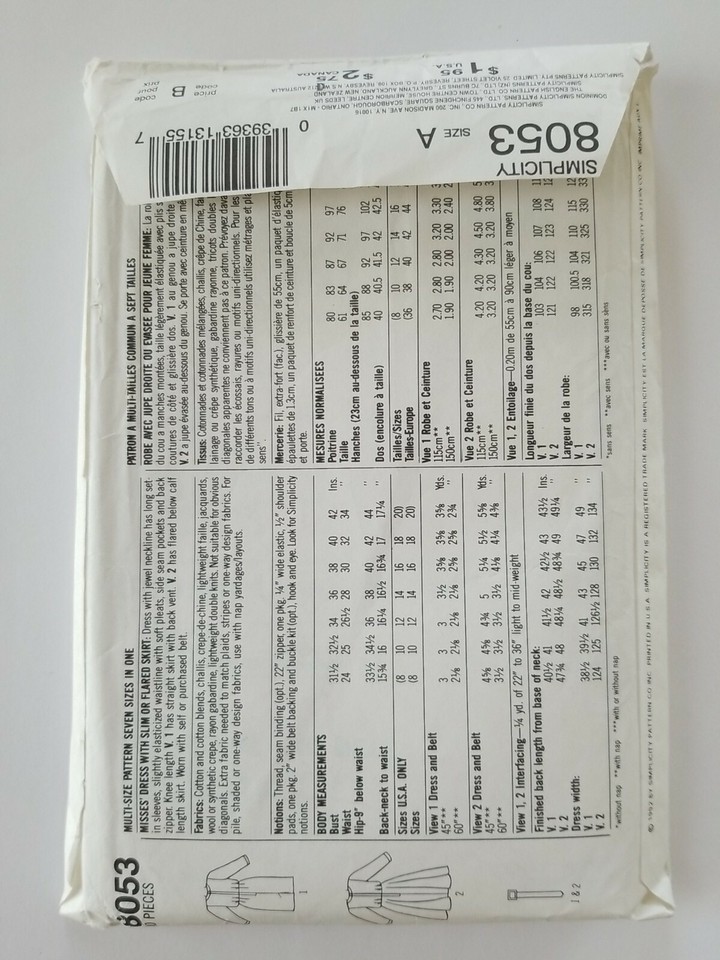 Vtg Simplicity 8053 Sewing Pattern Dress Slim or Flared Skirt Sz 8-20 ...