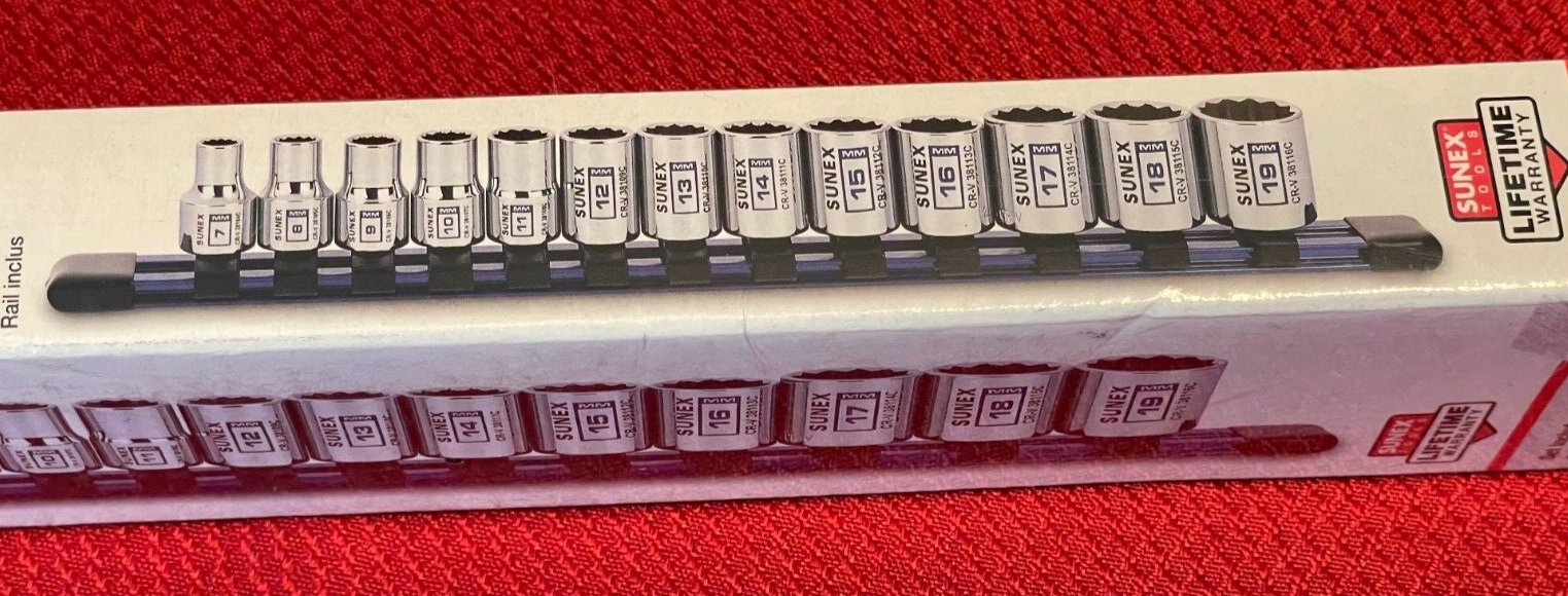 SUNEX 3/8" Dr.. 13 piece 12 Pt. Metric Chrome Socket Set on Rail 12pt ...