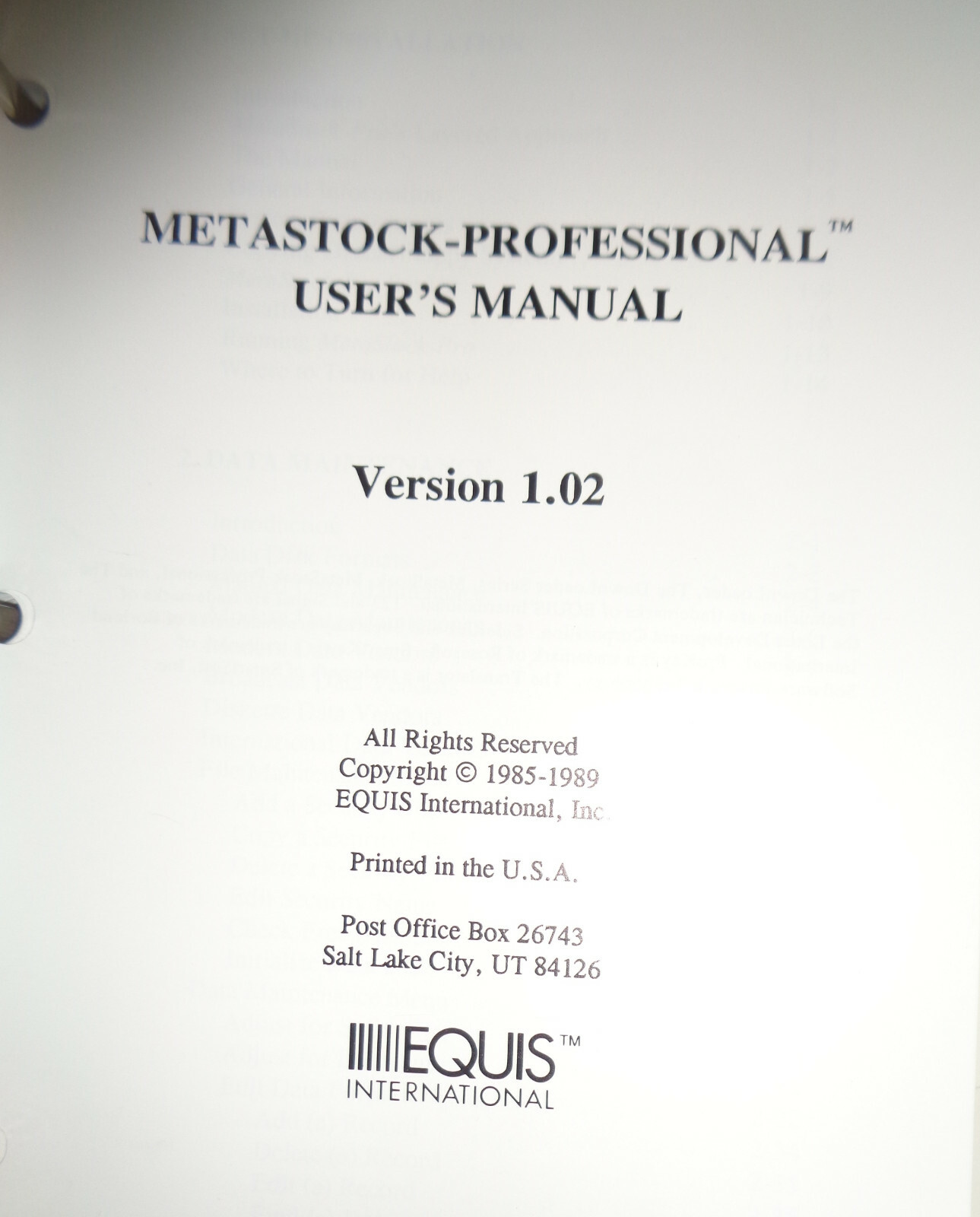 METASTOCK PROFESSIONAL, by Equis, 1989. Technical Analysis, for IBM PCs ...