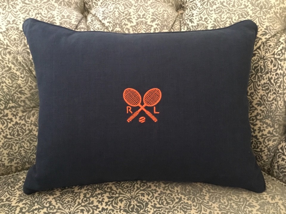 RALPH LAUREN ASHBY Throw Pillow Navy 100%Linen Tennis Racket Orange New ...