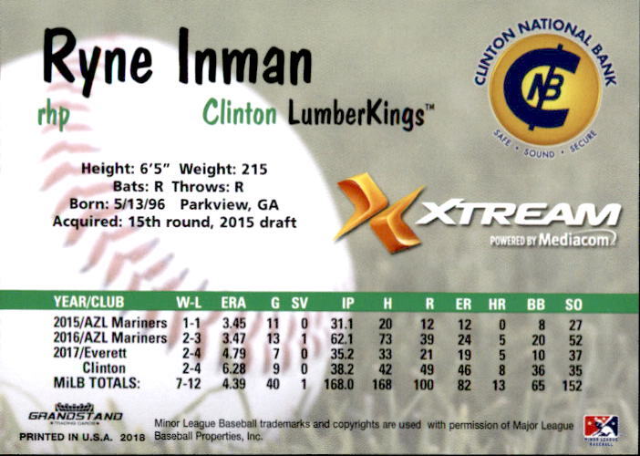 2018 Clinton LumberKings Grandstand 18 Ryne Inman Parkview Georgia ...