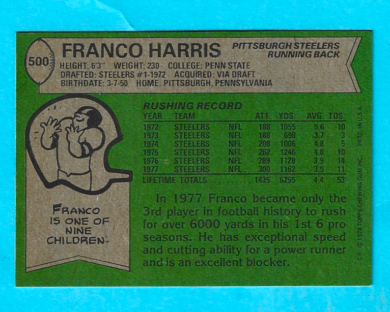 1978 Topps Football #500 Franco Harris HOF All-PRO NMT | eBay
