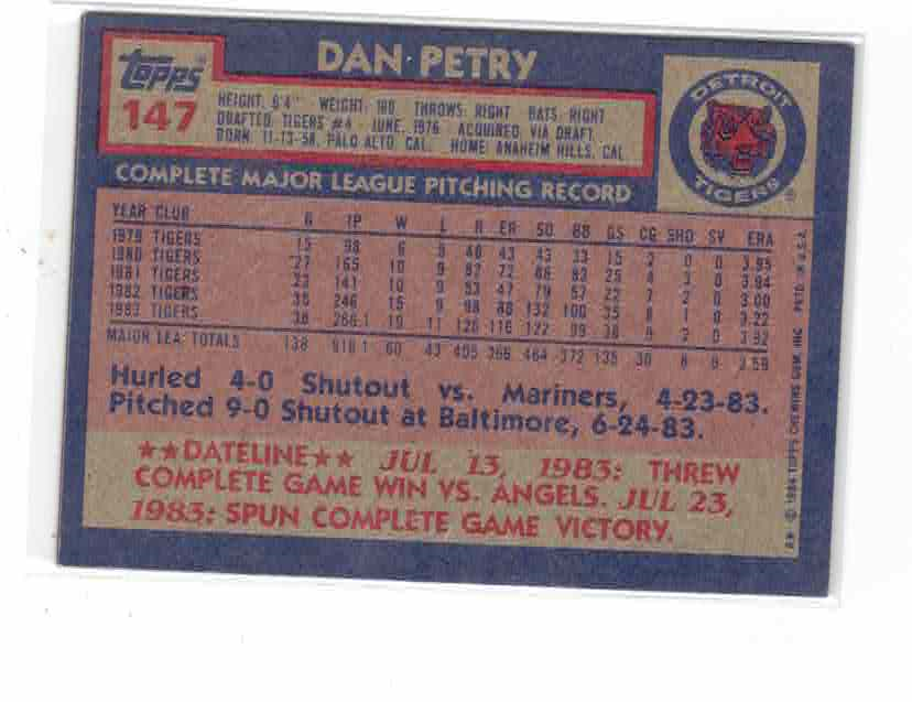 1984 Topps Detroit Tigers Baseball Card #147 Dan Petry | eBay