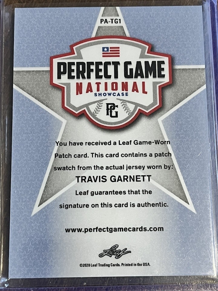 TRAVIS GARNETT 2020 Leaf Perfect Game JERSEY PATCH AUTOGRAPH #4/12 ...