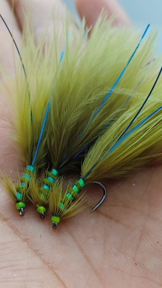 3 X Olive Damsel Blue Flash , BARBLESS Weightless Tied In The UK BY WET ...
