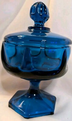 Rare Large Viking Glass Epic bluenique cover candy dish blue ribbed ...