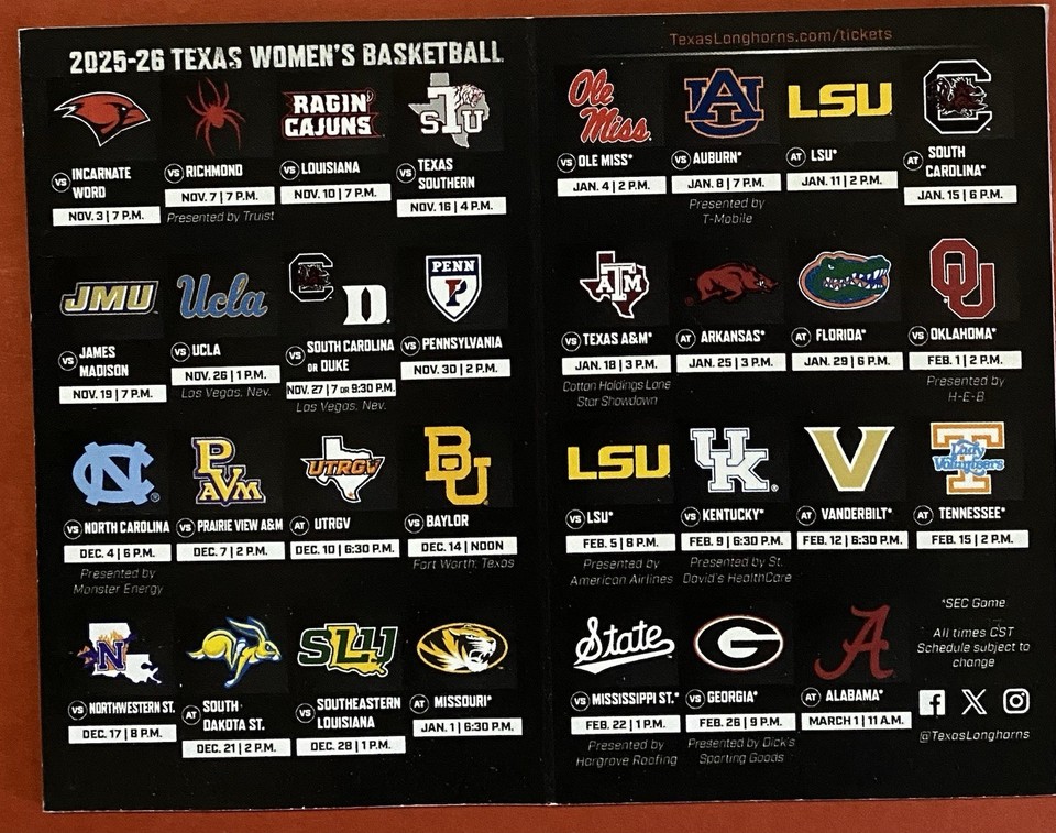2025-2026 UT TEXAS LONGHORNS Schedule 🏀 College Basketball Sked WOMENS Rudys | eBay