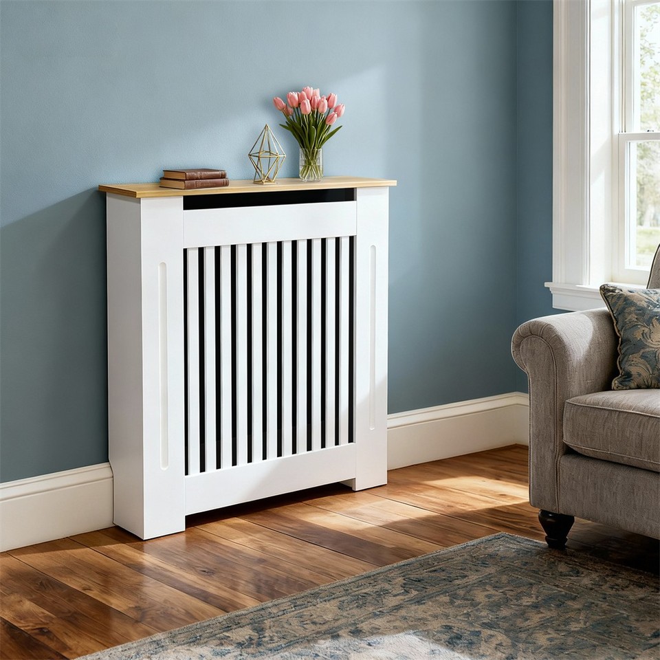 92cm High Radiator Cover Modern Vertical Slat Grill MDF Cabinet White ...
