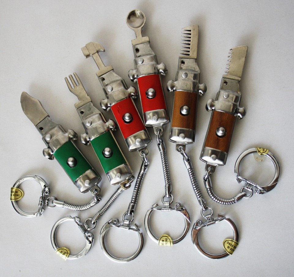 6X VINTAGE 80'S POP UP BUTTON KEY CHAIN COMB FORK HAMMER SPOON HONG ...