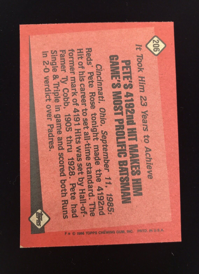 Pete Rose 1985 Record Breaker 1986 Topps MLB Baseball #206 Cincinatti ...
