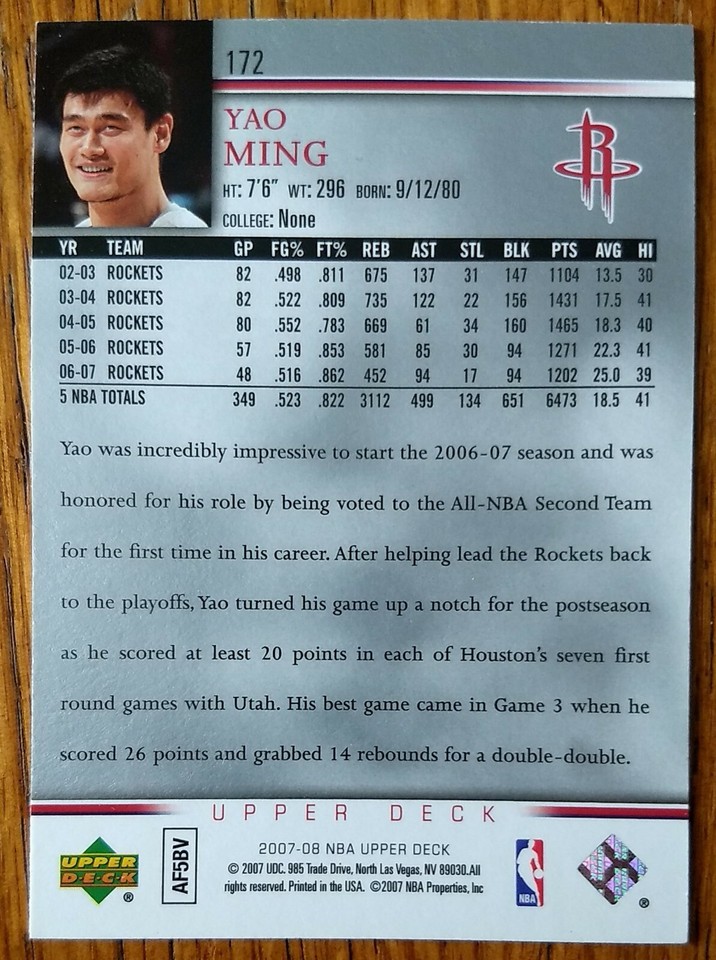 YAO MING, 2007-08 UPPER DECK #172, ROCKETS | eBay