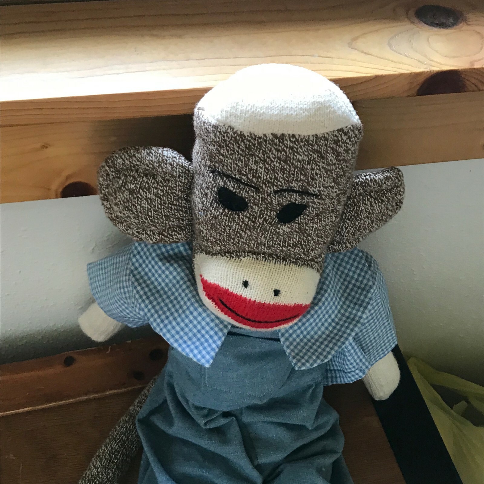 Hand Made Brown Heather Sock Monkey with Blue Overalls & Gingham Shirt ...
