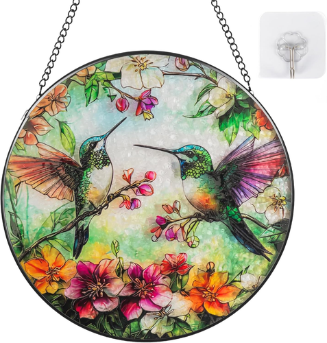 Suncatcher Stained Glass Window Hanging - Hummingbird Glass Panel with Metal Cha | eBay