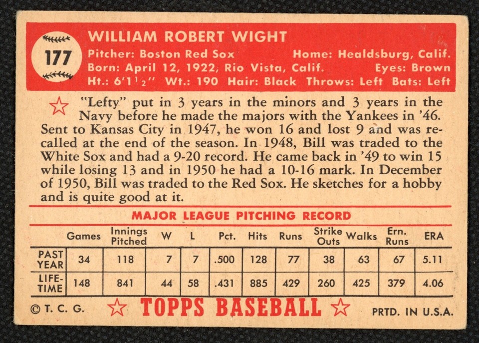 1952 Topps #177 Bill Wight ^^ Boston Red Sox ~ EX | eBay