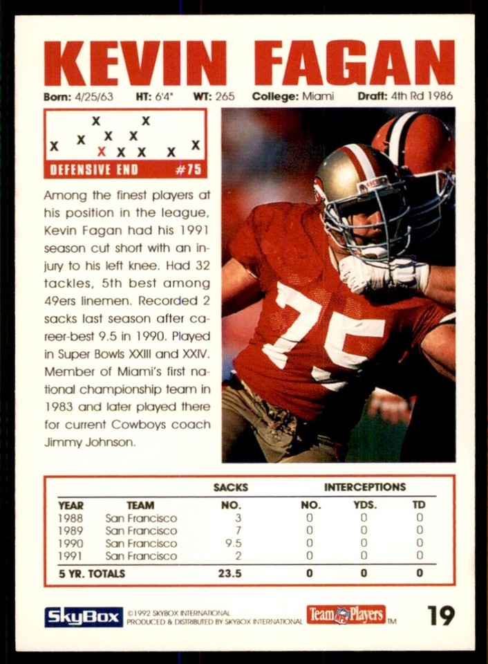 1992 SkyBox Kevin Fagan San Francisco 49ers #19 | eBay