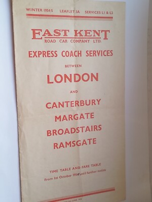Vintage Old 1954 East Kent Coach Timetable Canterbury Margate Ramsgate ...