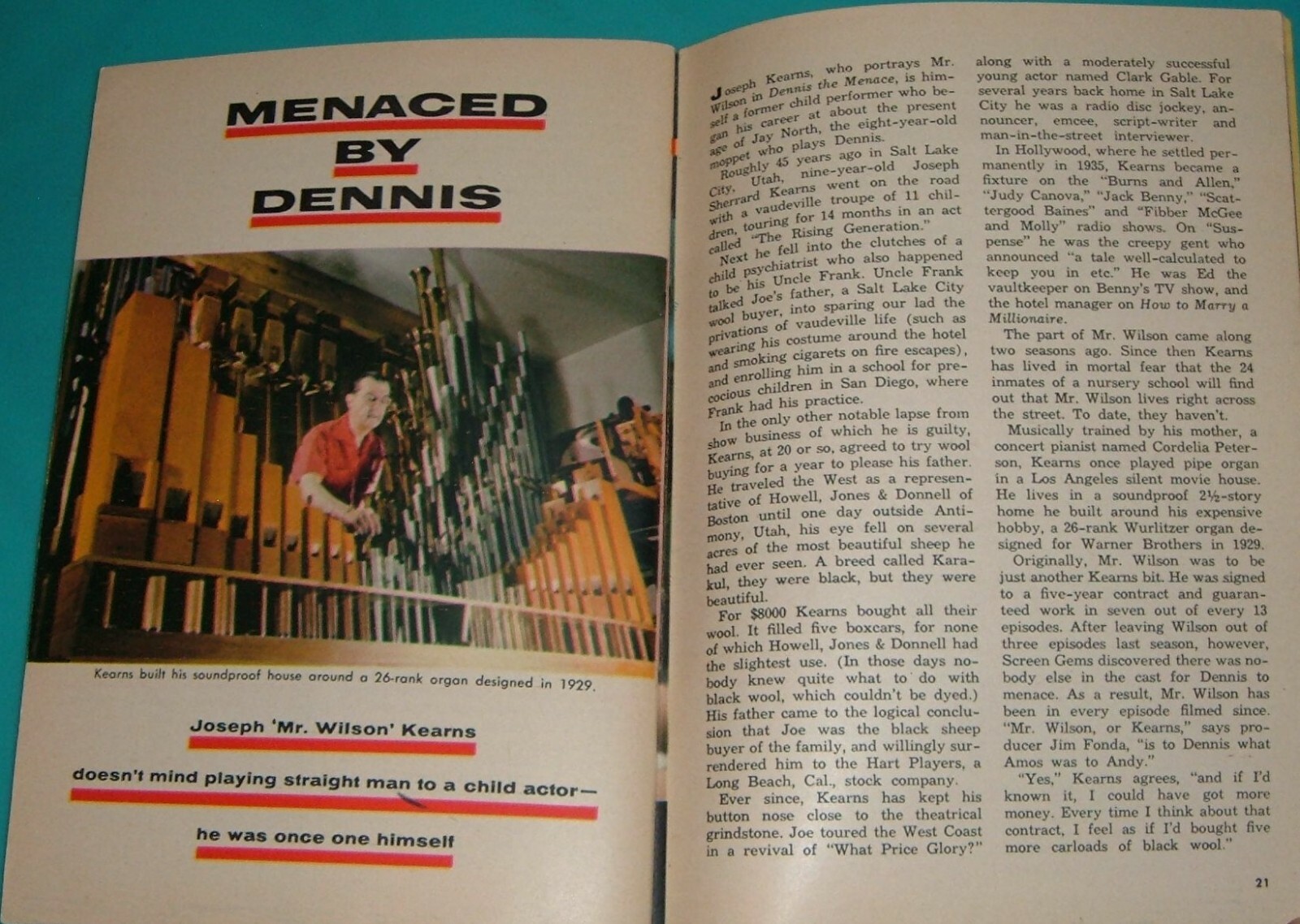 1961 TV ARTICLE / JOSEPH JOE KEARNS is MR WILSON on DENNIS THE MENACE ...
