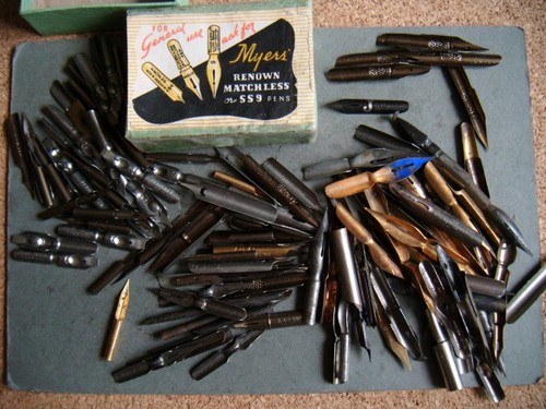 job lot mixed pen nibs, box & some nib holder pens - used & unused ...