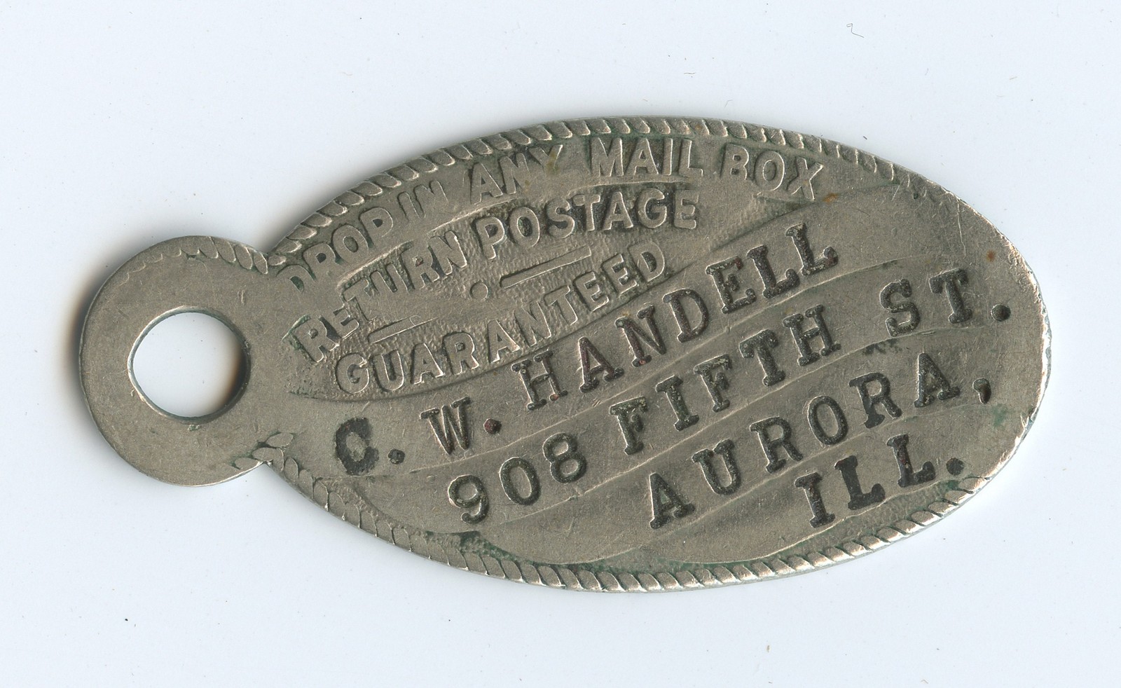 ANTIQUE ENGRAVED USPS SILVER MAIL TAG HANDELL AURORA IL ANDERSON ...