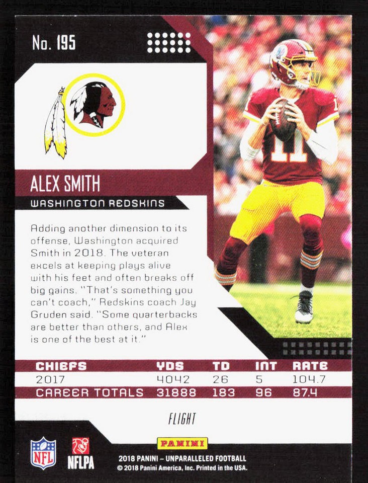 2018 Panini Unparalleled Alex Smith Flight Parallel SN #195 Washington ...