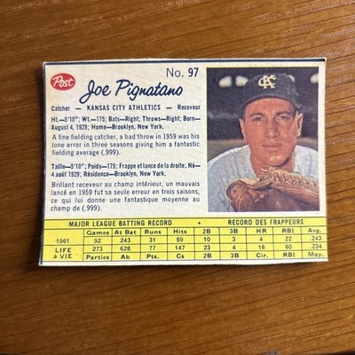1962 Post Canadian Baseball #97 Joe Pignatano Kansas City Athletics Set ...