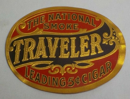 VTG THE NATIONAL TRAVELER 5 CENT CIGAR BOX LABEL EMBOSSED COLLECTABLE ...