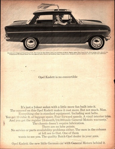 Print Ad Opel Kadett 1964 Sun Roof Sedan Full Page Large Magazine ...