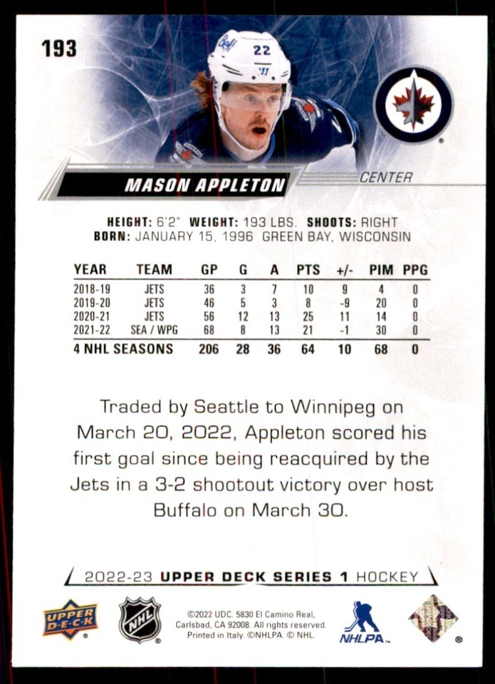 2022-23 Upper Deck Mason Appleton Hockey Cards #193 | eBay