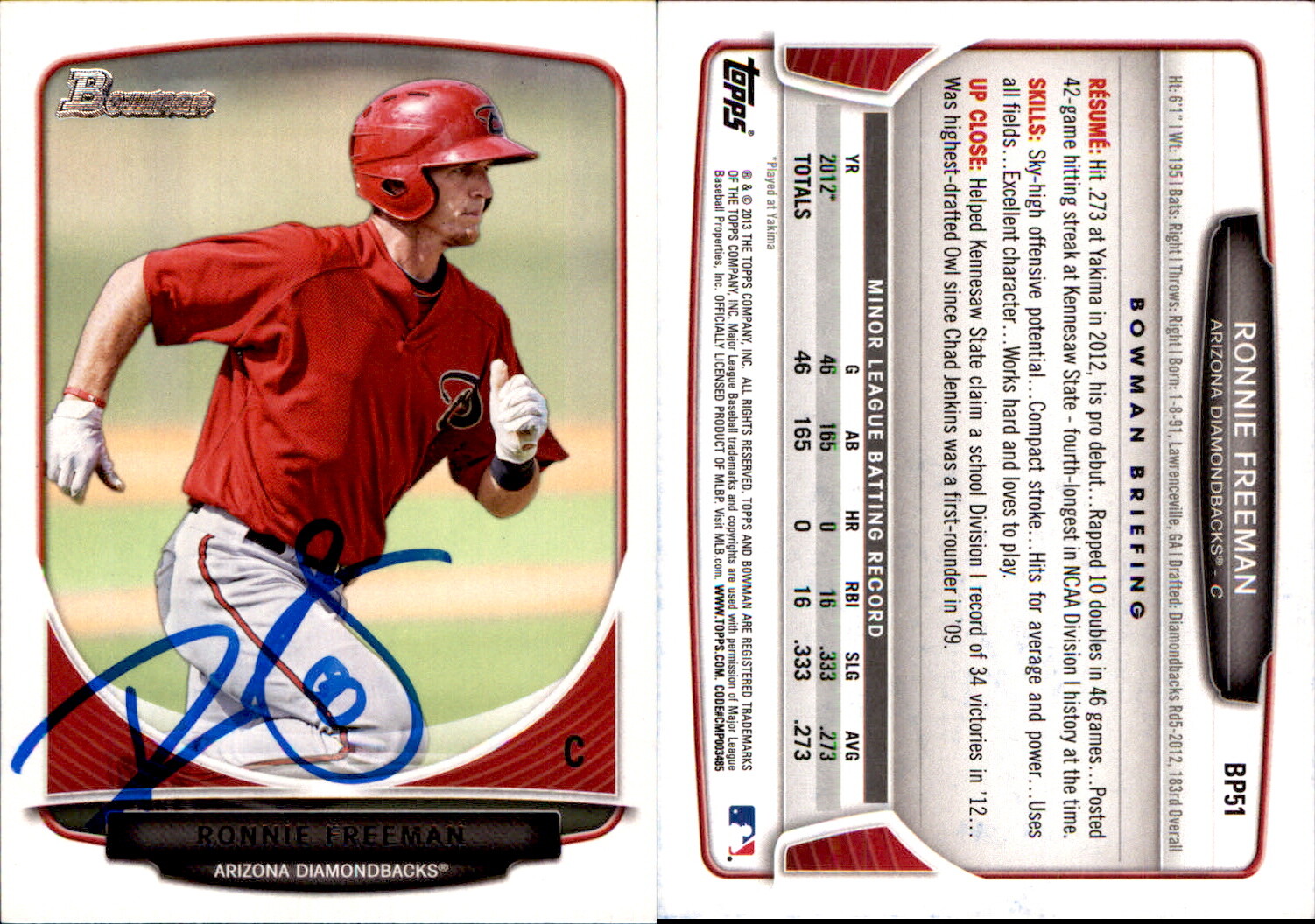 Ronnie Freeman Signed 2013 Bowman #BP51 Card Arizona Diamondbacks Auto ...
