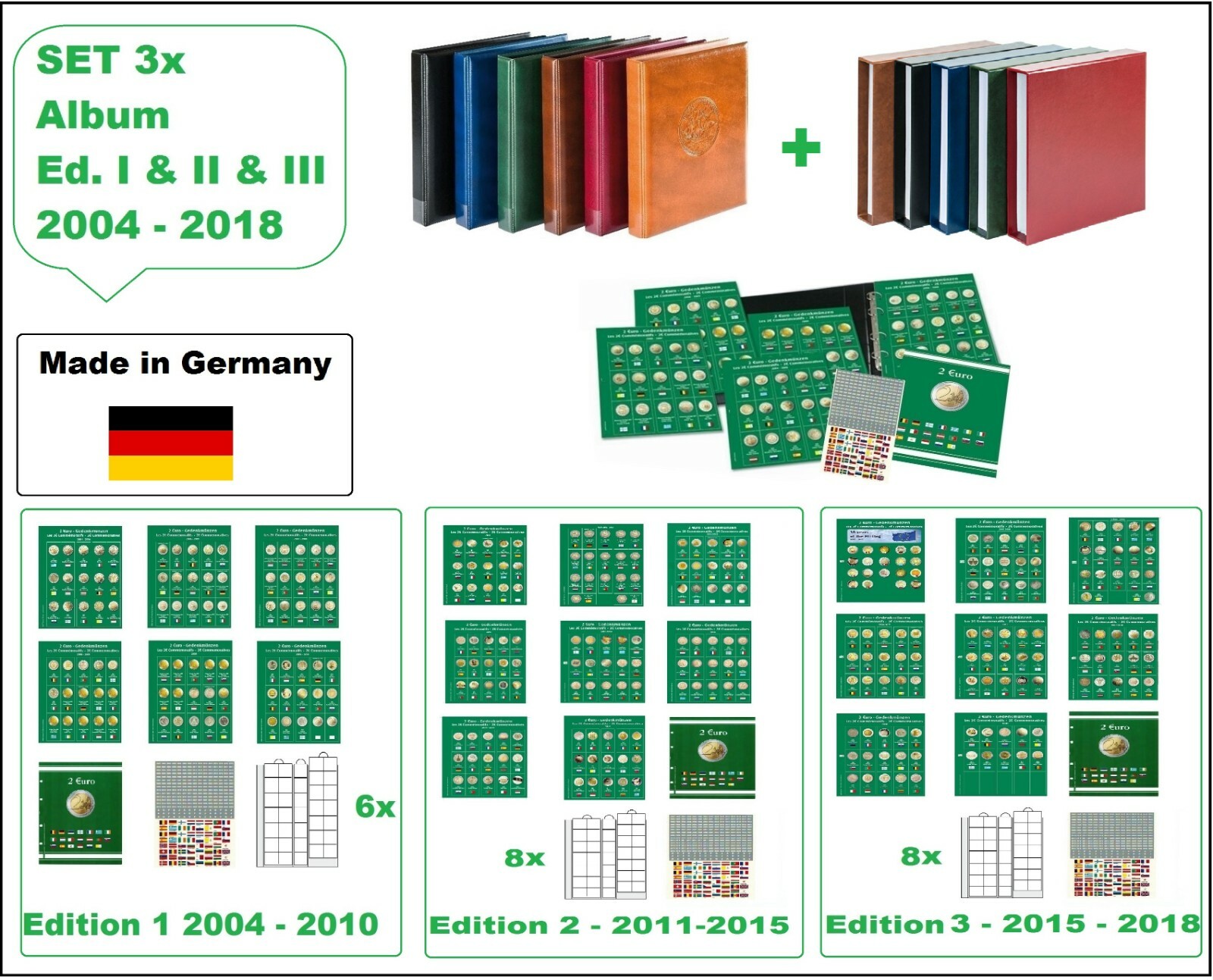 Look Set 3x Green EURO Premium Printed Page Coin Album + Case Ed 1-3 ...
