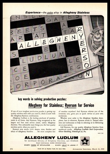 1959 Allegheny Ludlum Steel Pittsburgh PA Crossword Puzzle Ryerson ...