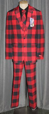 Shinesty Plaid red black Christmas wedding formal 3 pc suit 38 | eBay