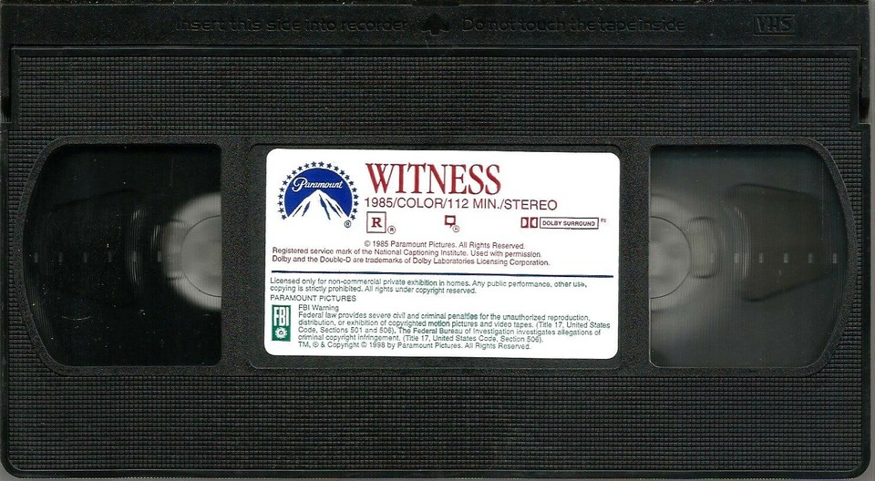 Witness VHS 1991 Harrison Ford Kelly McGillis Lukas Haas Crime Thriller ...