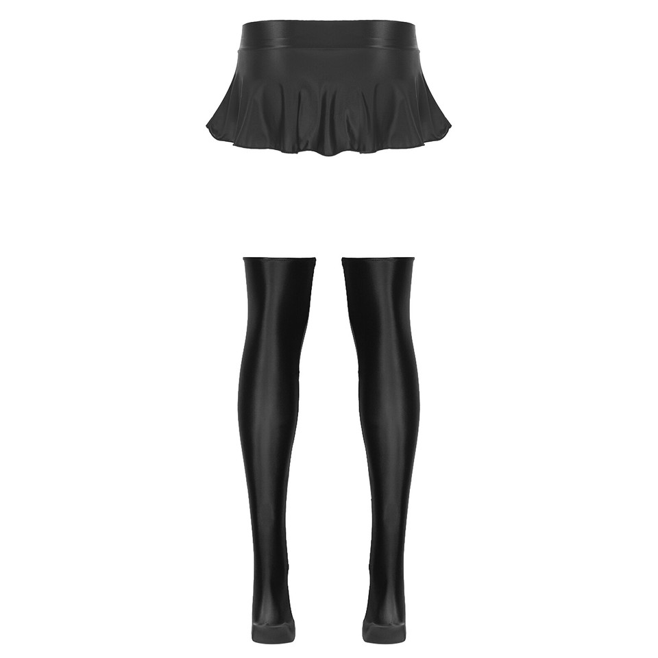 Women's Pleated Ultra Micro-Mini Skirt with Glossy Thigh High Stockings ...