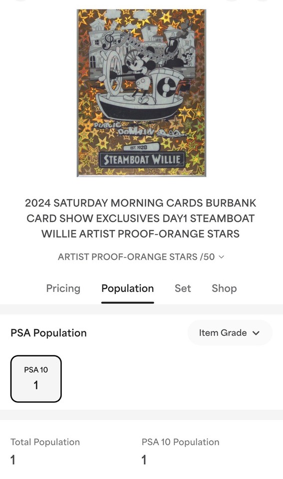 2024 SMC BURBANK STEAMBOAT WILLIE ARTIST PROOF ORANGE STARS /50 PSA 10 ...