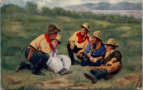 An Interesting Story Cowboys Scouts Sitting artist Reynolds Postcard DB ...