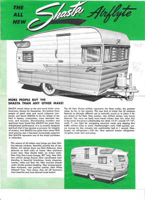 SHASTA AIRFLYTE 1958 Travel Trailer/Camper Original 2-Sided Brochure ...