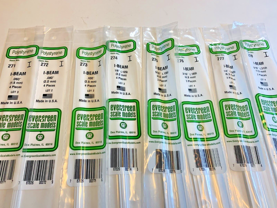 Evergreen Styrene I Beam Rod Strip Lot 9 Packages Sizes Girders HO 1/25 ...