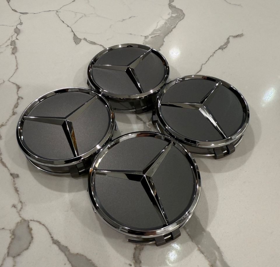 SET OF 4 Mercedes Benz grey & Chrome 75MM Wheel Rim Center Hub Caps ...
