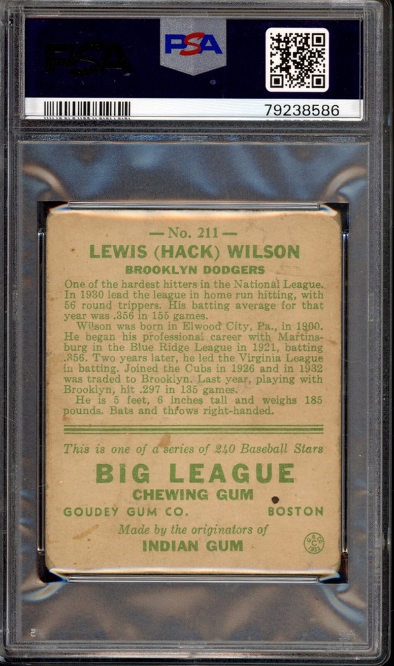 1933 Goudey #211 Hack Wilson PSA 1 Brooklyn Dodgers HOF Baseball Card ...